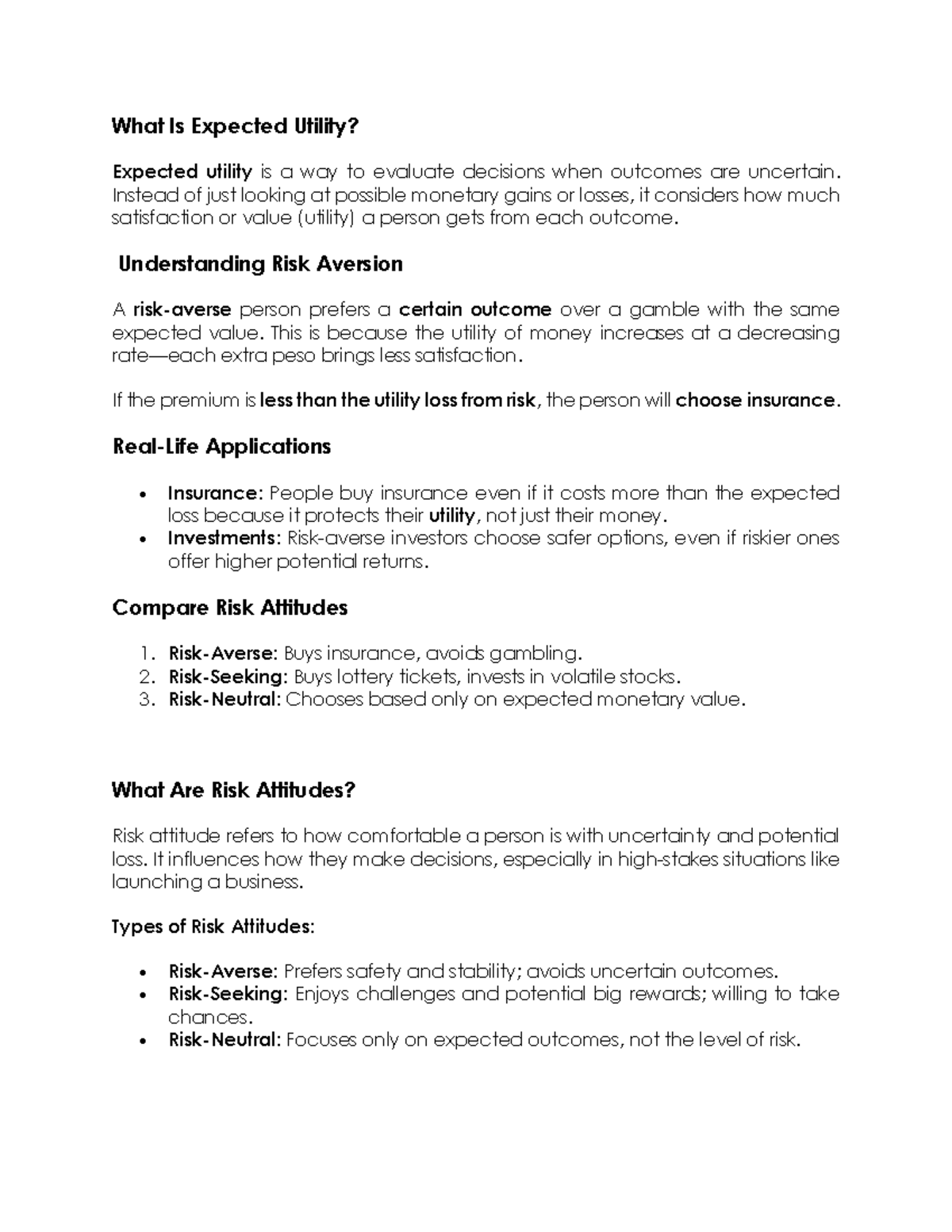 Expected Utility and Risk Attitudes - Concept Notes - Studocu