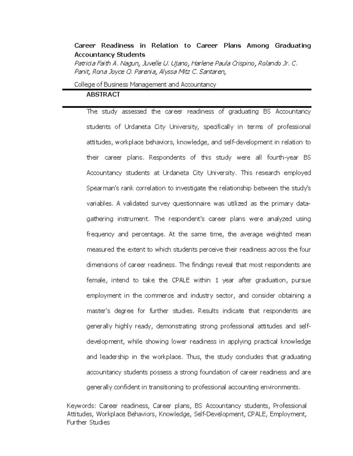 Expanded Abstract - Career Readiness & Plans of Graduating Accountancy ...