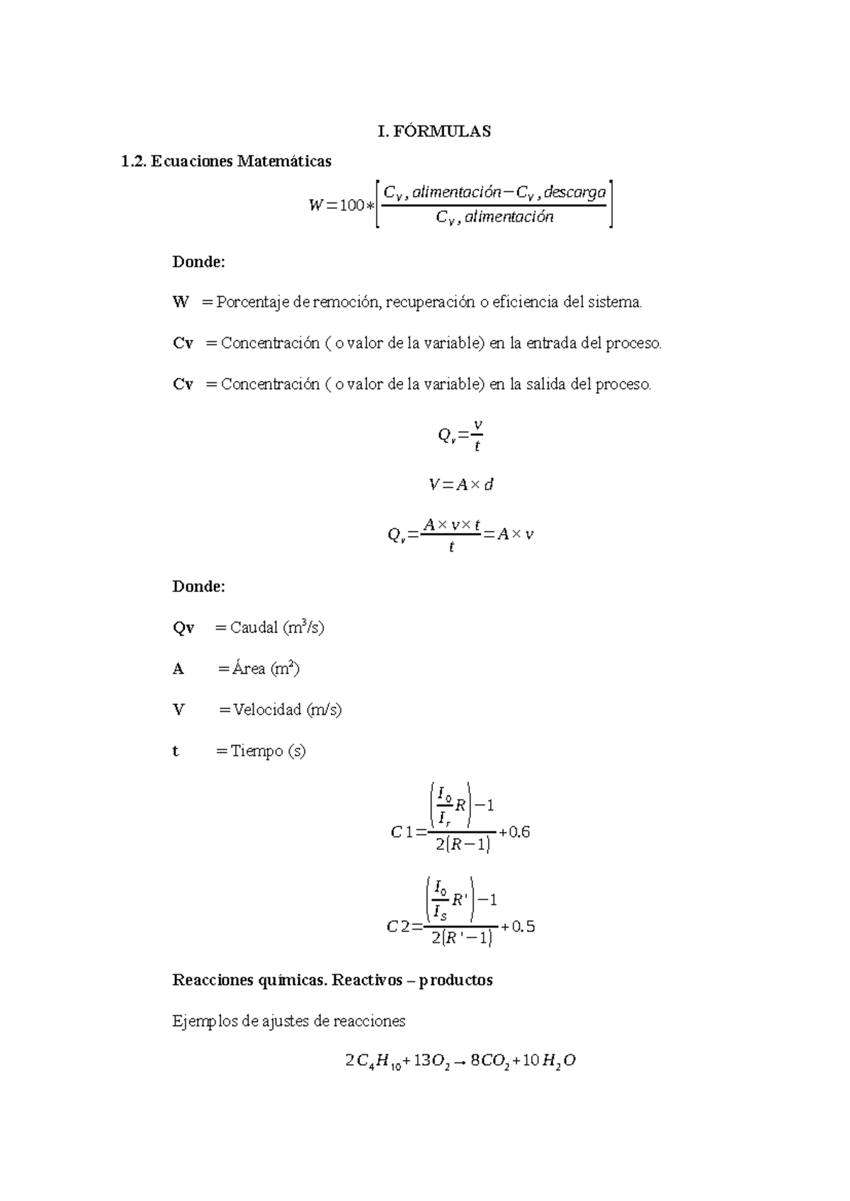 Fórmulas y Ecuaciones Matemáticas - Ingeniería Ambiental - Studocu