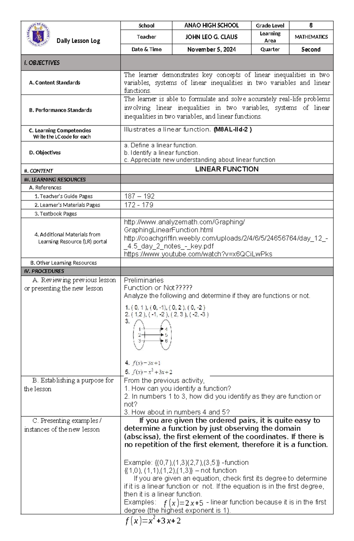 DLP: Lesson Plan on Linear Functions for Grade 8 Mathematics - Studocu