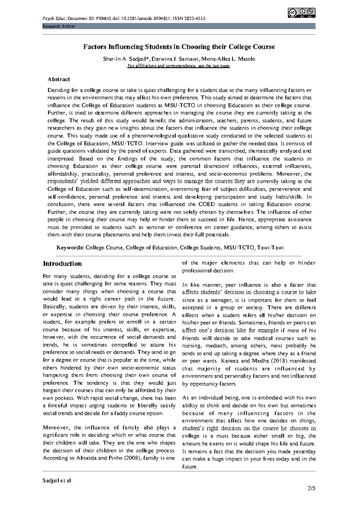 Factors Influencing Education Course Choices: A Study from MSU-TCTO ...