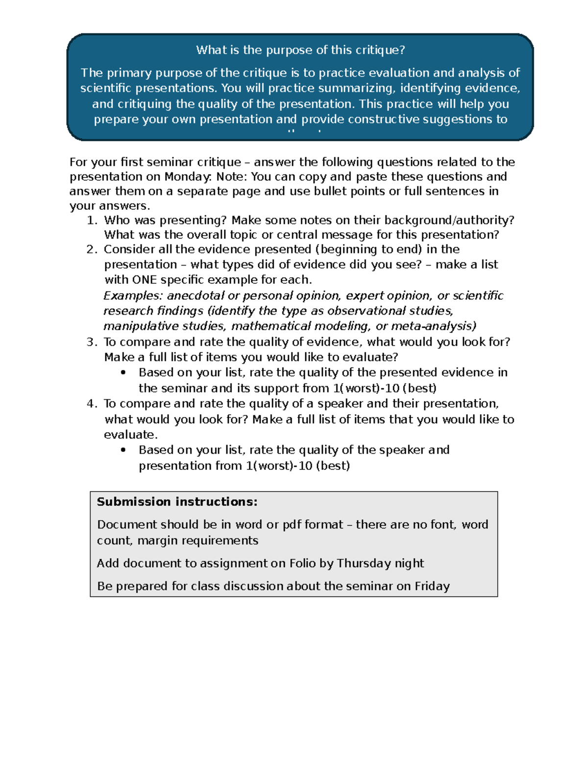 First Seminar Critique Activity 1: Evaluation & Analysis Guide - Studocu
