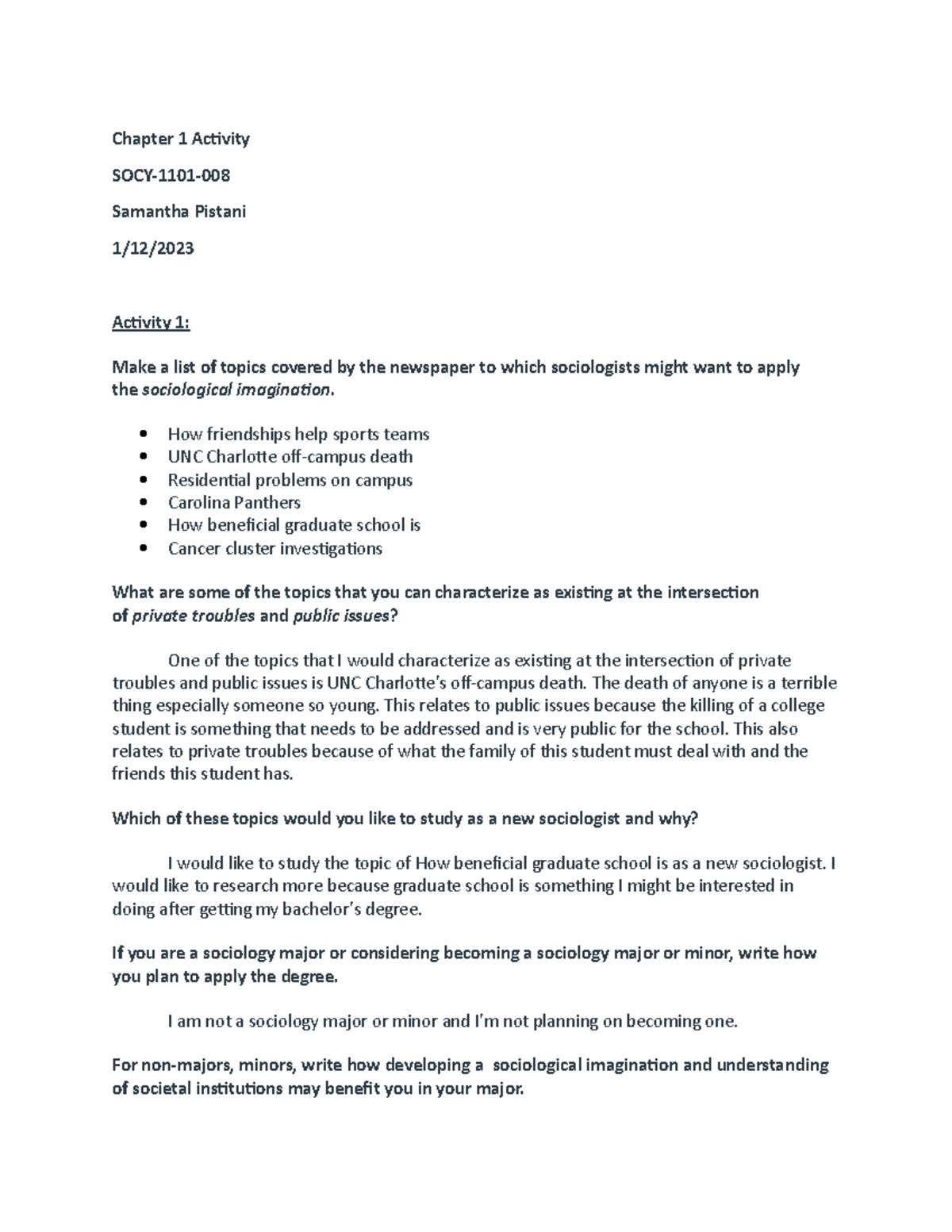 Chapter 1 Activity - Chapter 1 Activity SOCY-1101- Samantha Pistani 1 ...