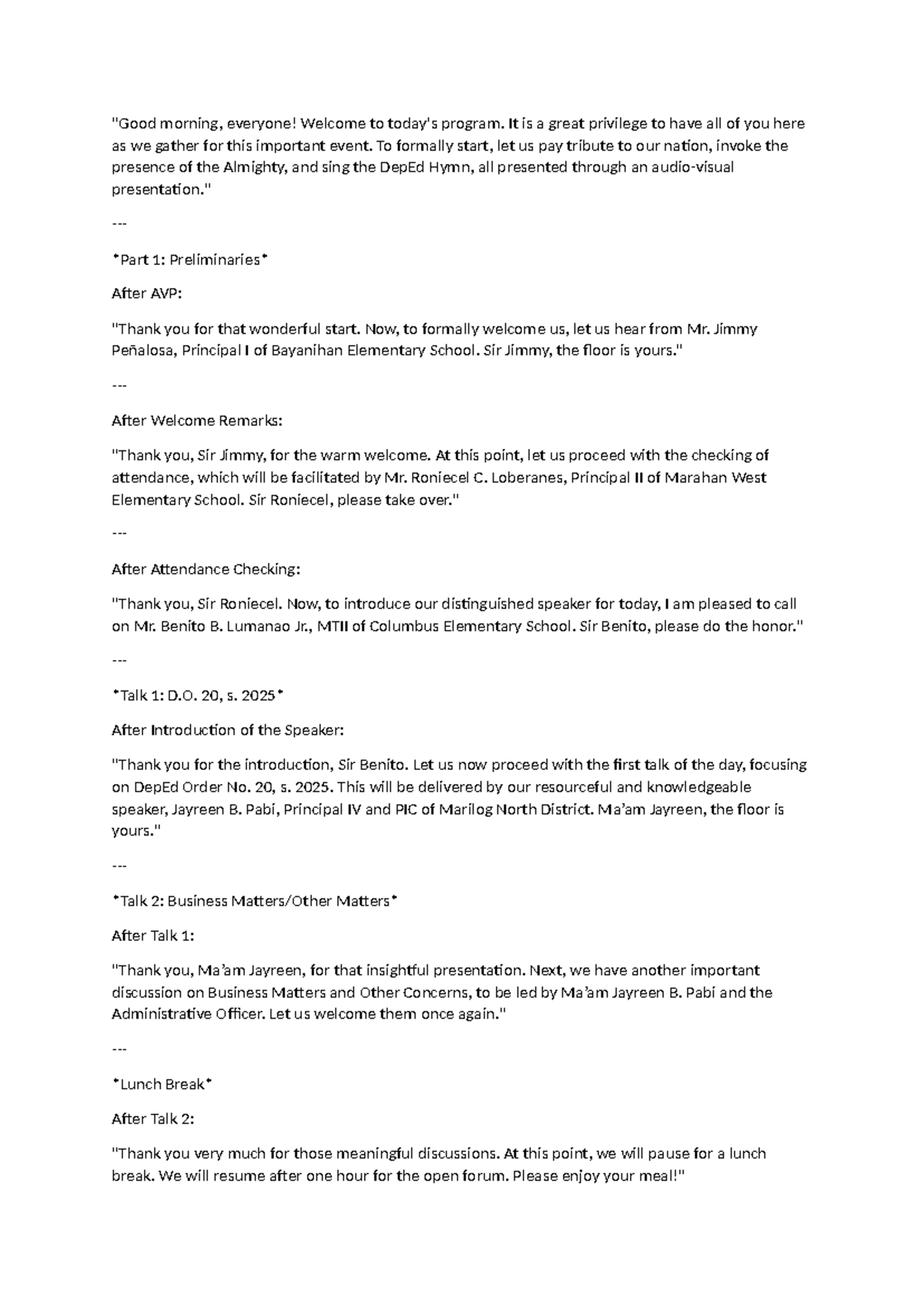 District Meeting Emcee Script for DepEd Order No. 20, s. 2025 - Studocu