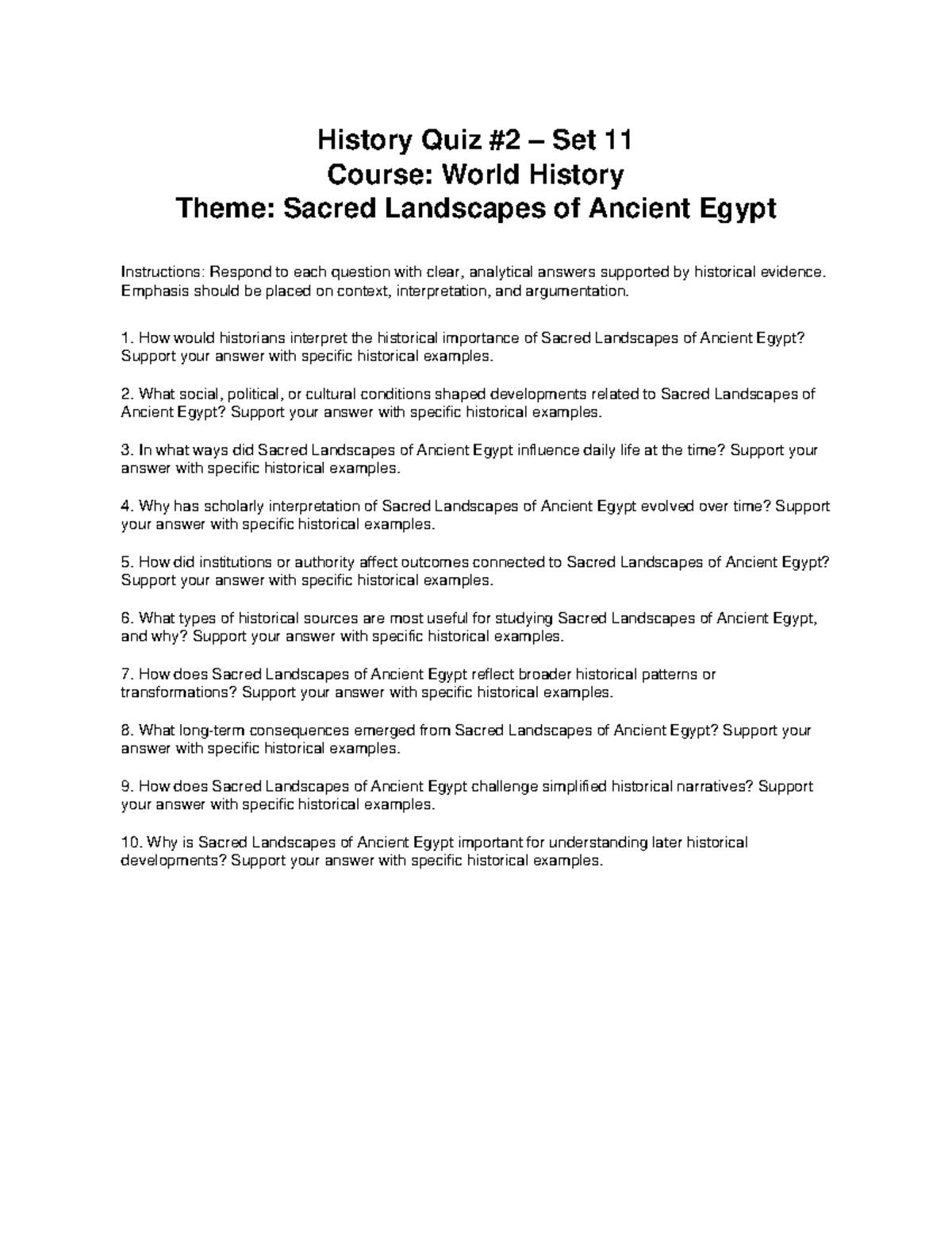 World History Quiz Set 11: Sacred Landscapes of Ancient Egypt - Studocu