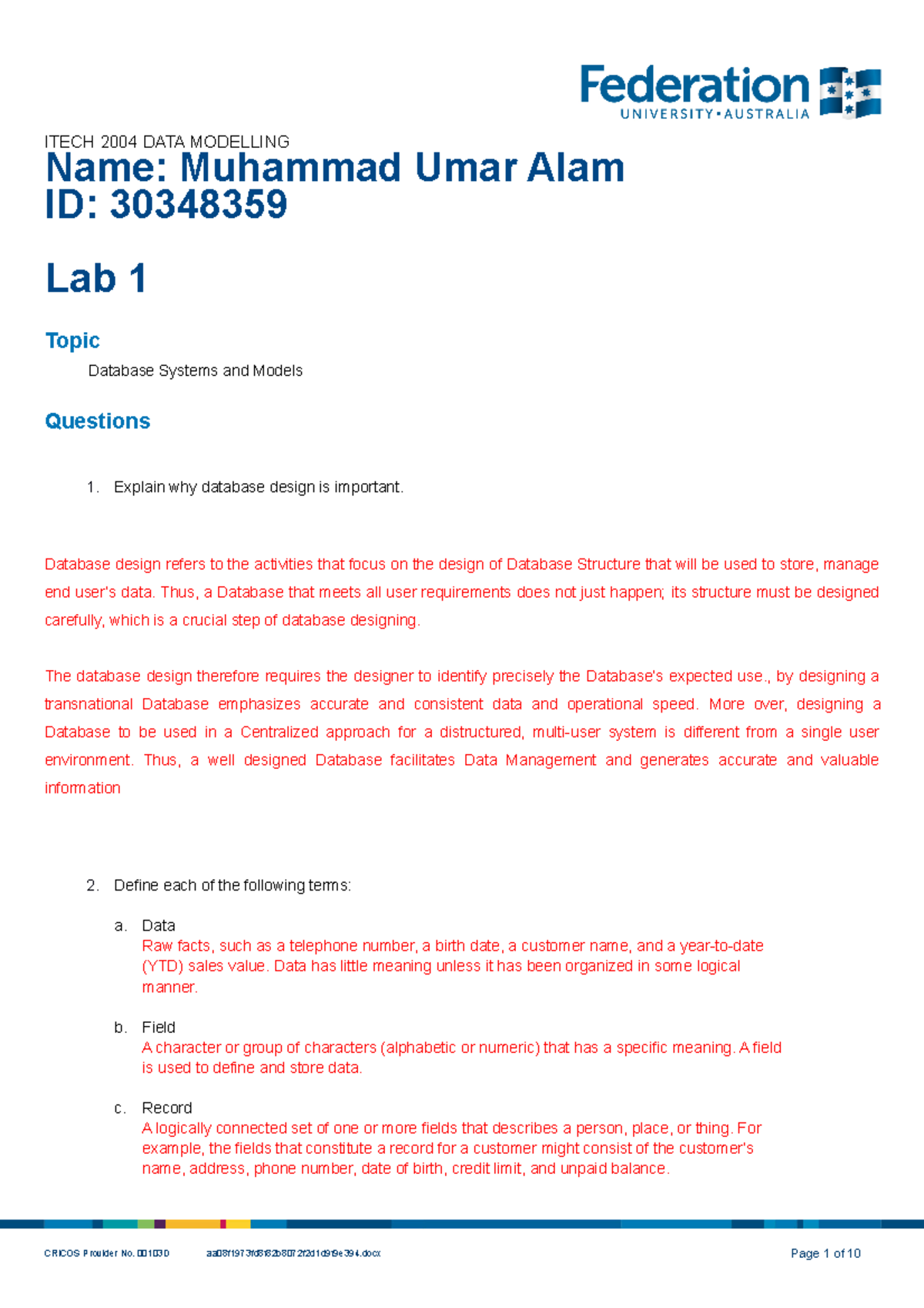 Itech 2004 01 Lab Week Lab 1 Itech 2004 Data Modelling Name Muhammad Umar Alam Id 30348359