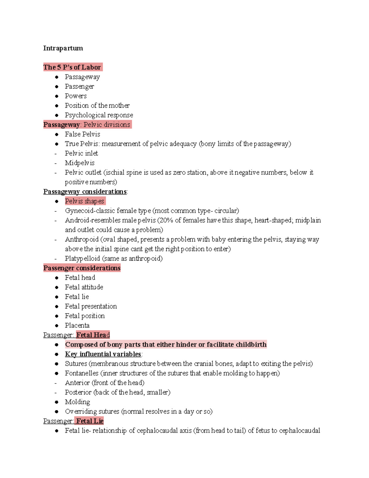 NURS 335 Intrapartum - Intrapartum The 5 P’s of Labor Passageway ...