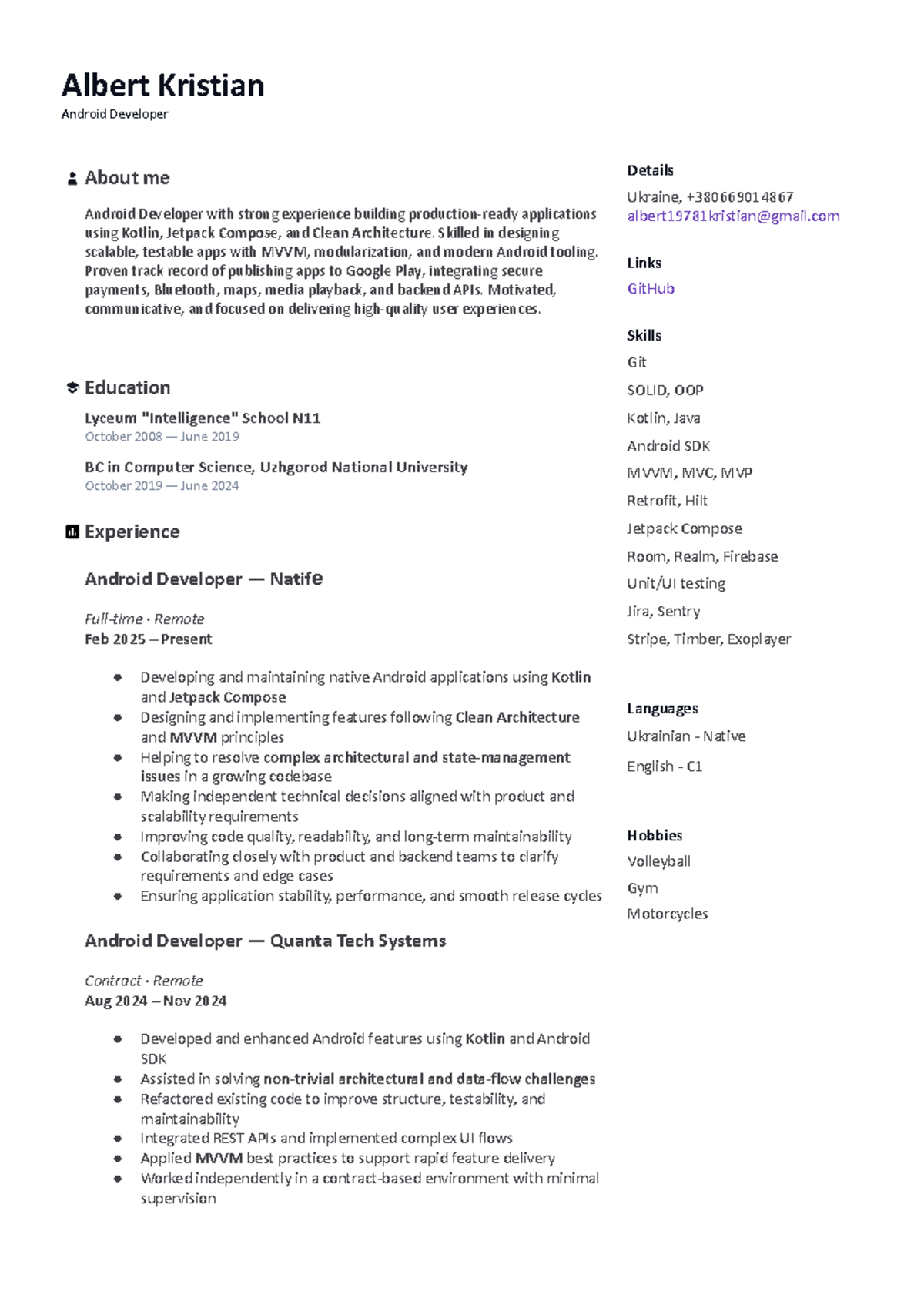 Albert Kristian CV - Android Developer Profile & Experience - Studocu