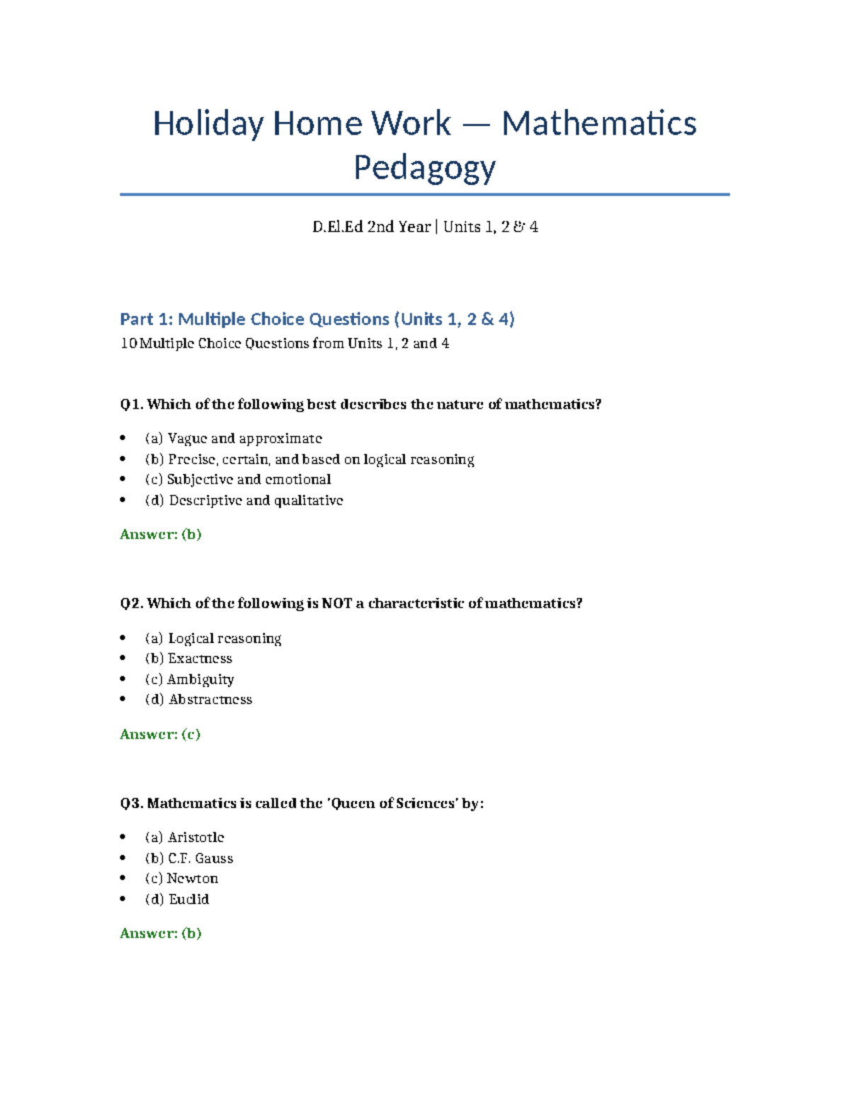 Holiday Homework: Mathematics Pedagogy D.El.Ed 2nd Year MCQs ...