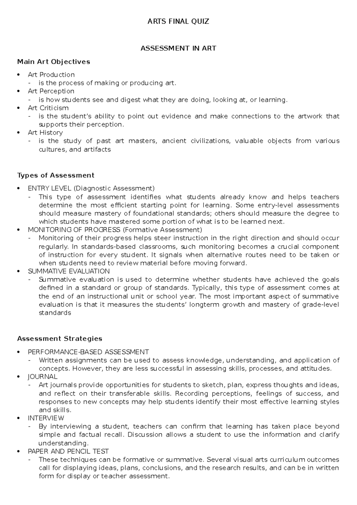 ARTS Final QUIZ Review: Key Concepts and Assessment Strategies - Studocu