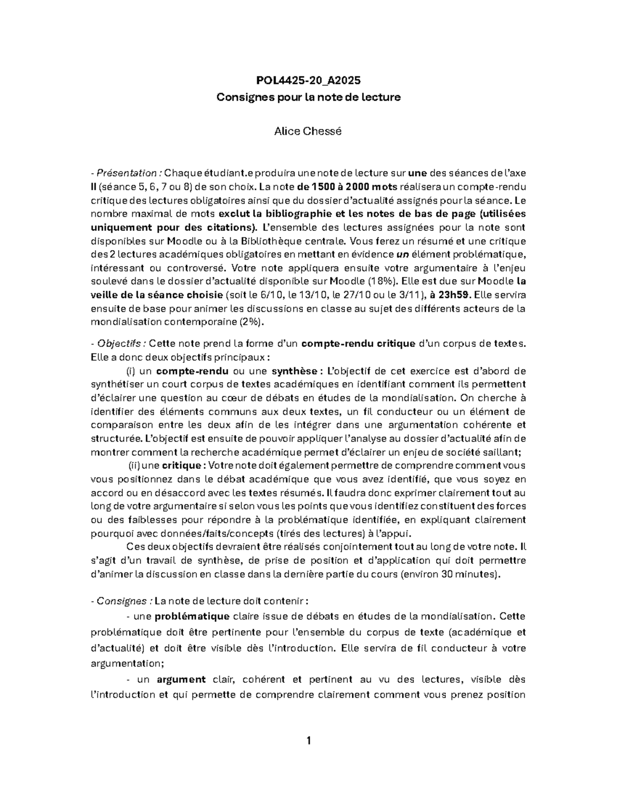 POL4425-20 A2025 Note de Lecture : Synthèse et Critique des Textes ...
