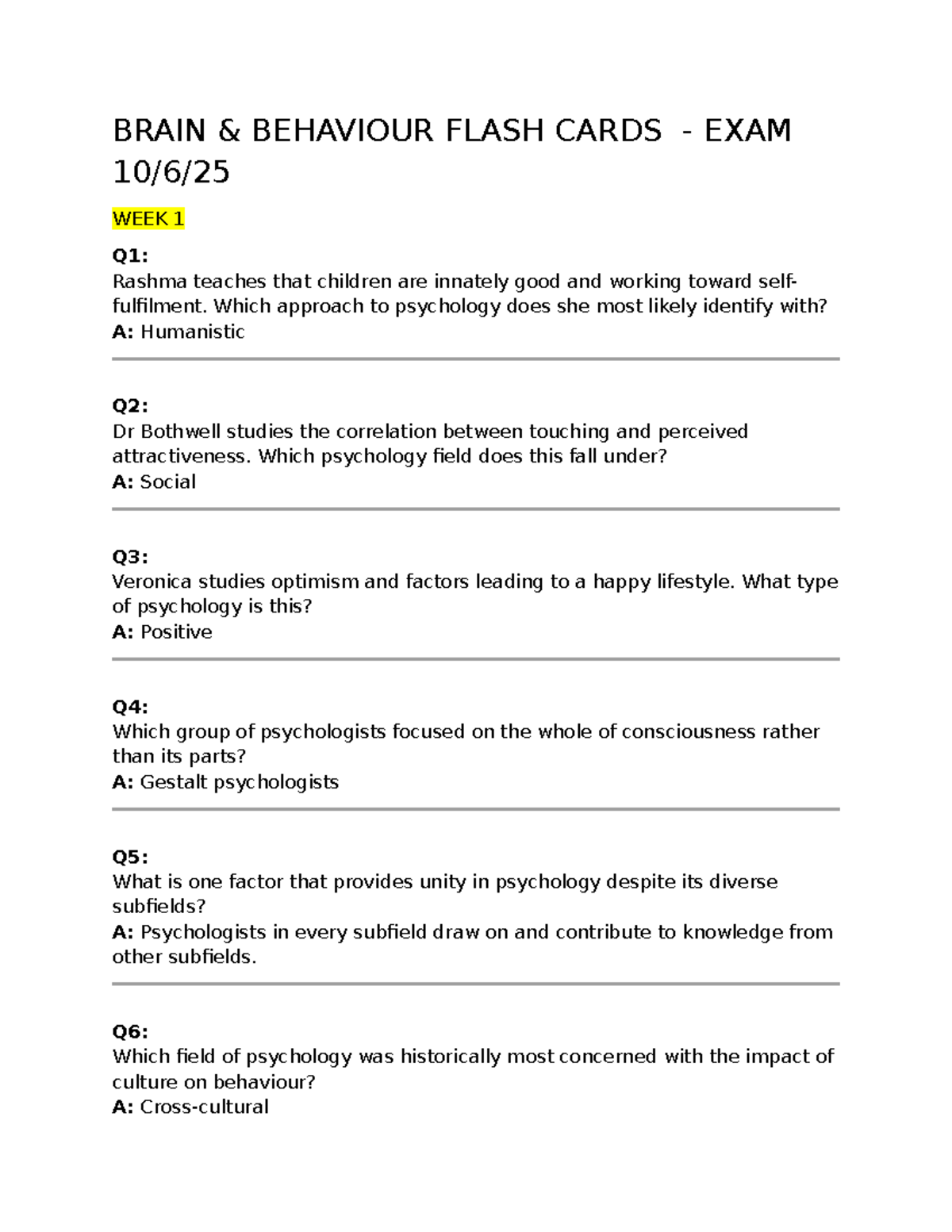 BRAIN BEHAVIOUR FLASH CARDS: WEEKLY MODULES REVIEW - Studocu