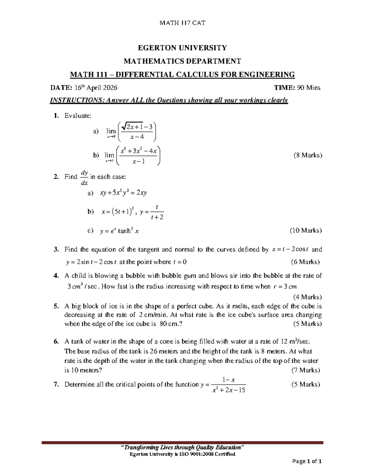 MATH 117 - Differential Calculus Exam Notes for Engineering Students ...