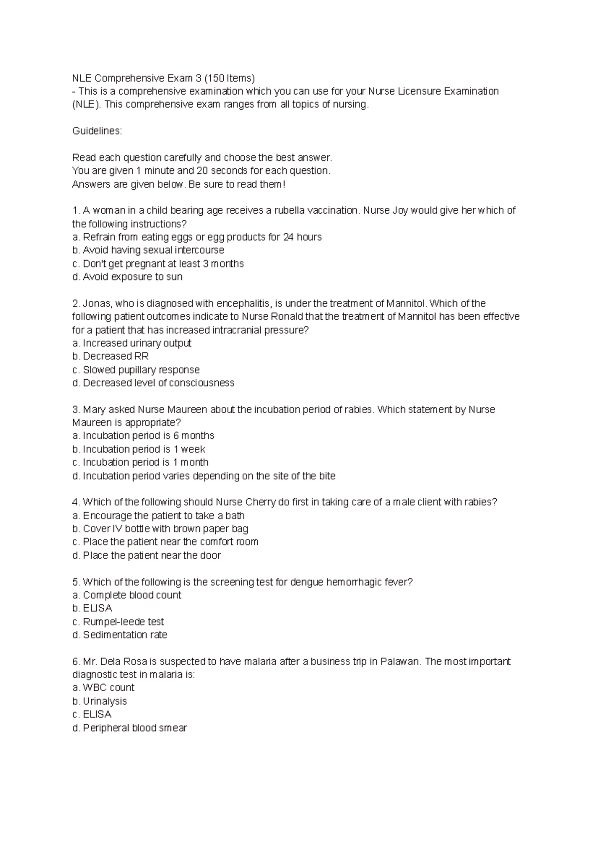 NLE Comprehensive Exam 3: 150 Nursing Questions and Answers - Studocu