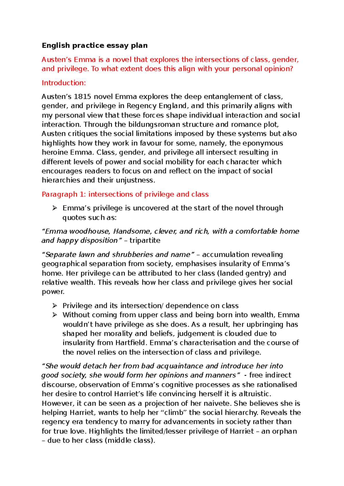 Emma Essay Plan: Intersections of Class, Gender, and Privilege Analysis ...