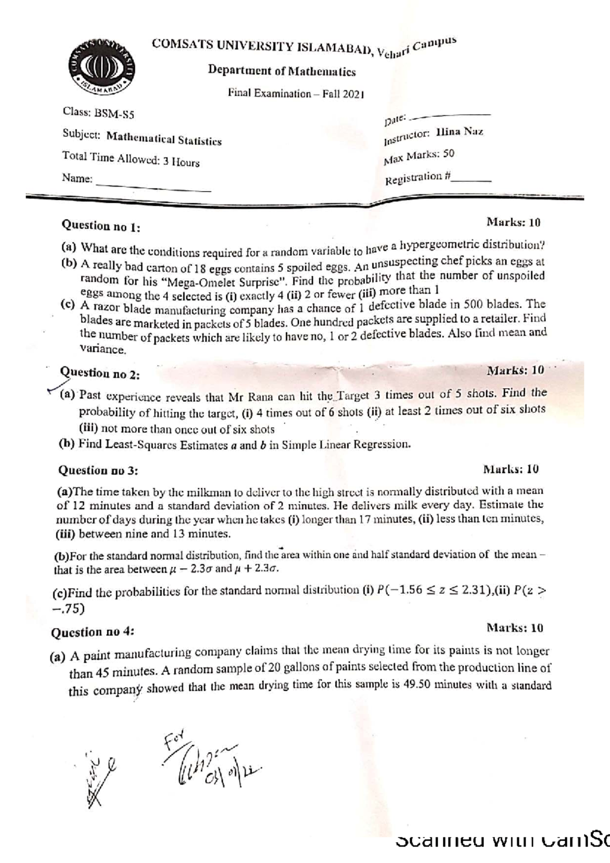 Mathematical Statistics Final Exam - COMSATS University Fall 2021 - Studocu