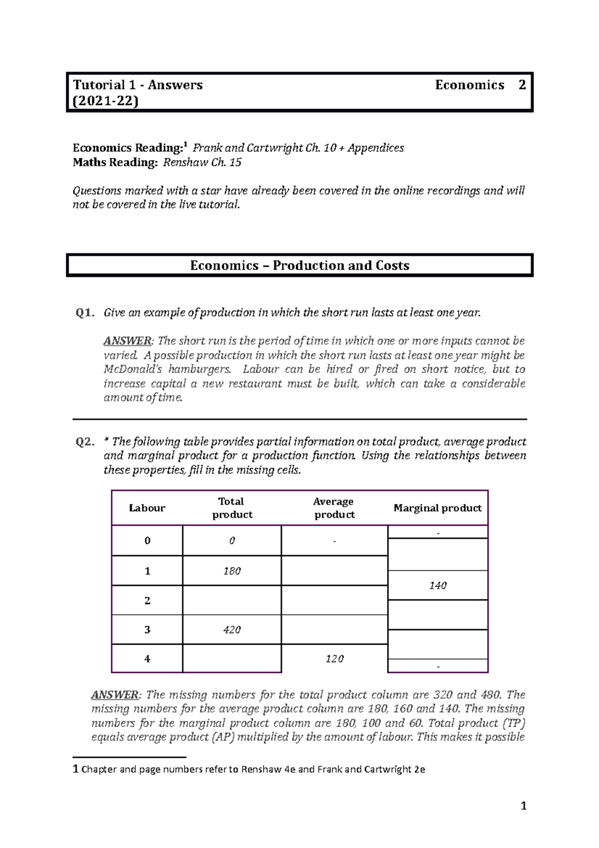 Economics 2 Semsester 1 Tutorial 1 - Q & A - Tutorial 1 - Answers ...