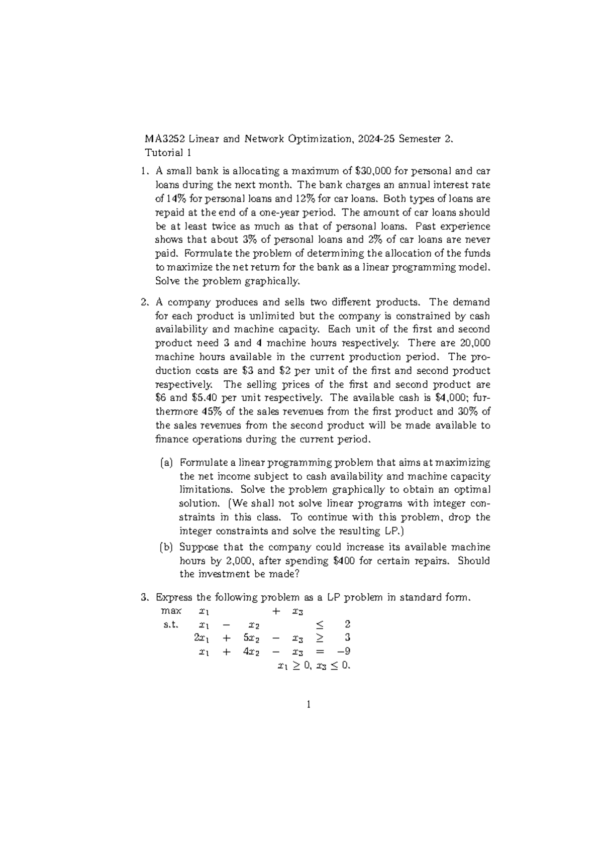 MA3252 Tutorial 1 - Linear & Network Optimization Problems - Studocu