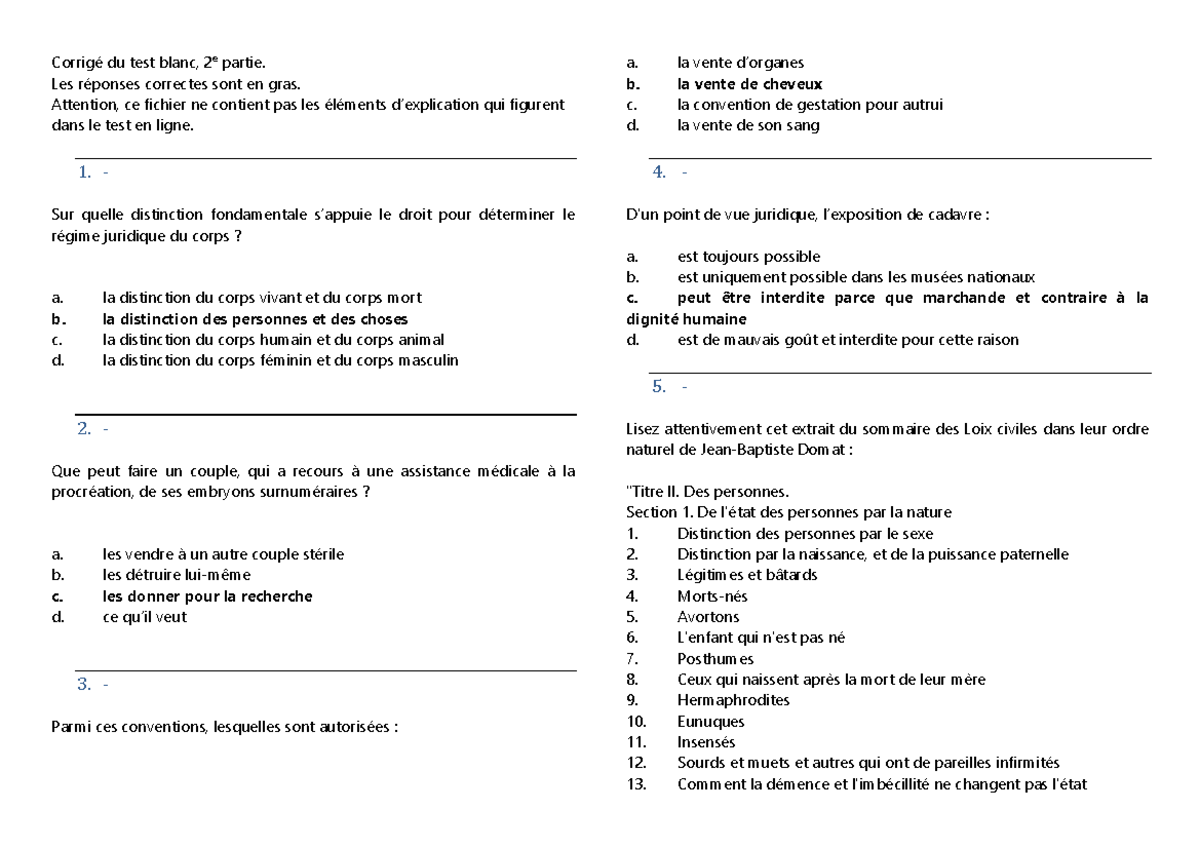QCM blanc sections 3 à 6 - 23 - Corrigé du test blanc, 2e partie. Les ...