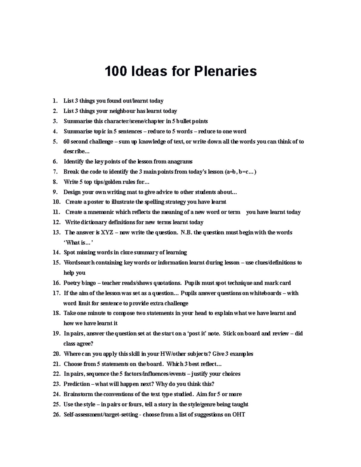 100 Creative Plenary Ideas for Engaging Lessons - Studocu