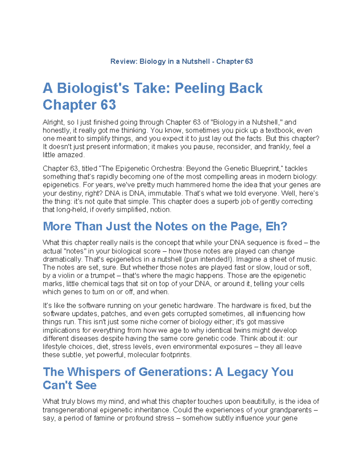 Biology for Beginners 2: Review of Chapter 63 - Epigenetic Insights ...
