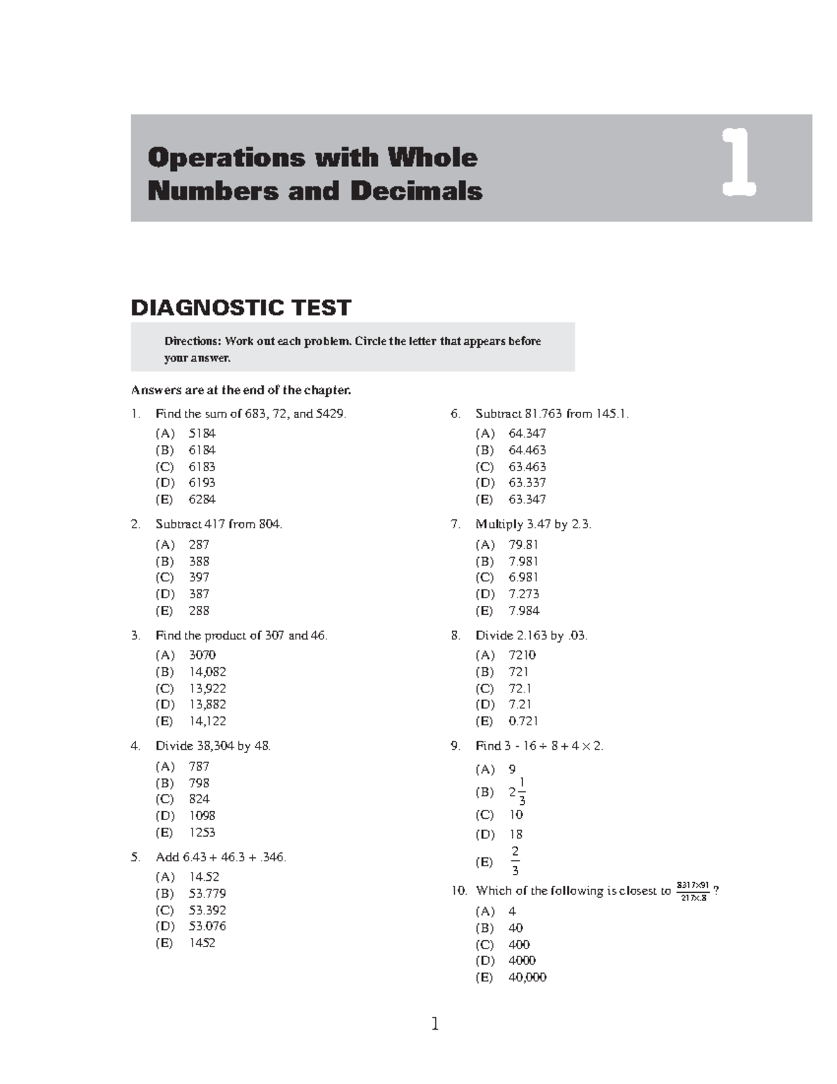 Operations with Whole Numbers & Decimals - Diagnostic Test & Exercises ...