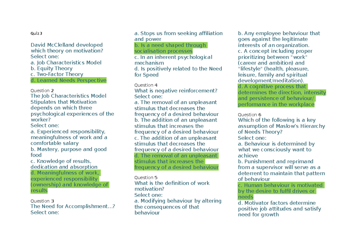 Quiz 3 Practice - Key Concepts in Motivation & Leadership Theories ...