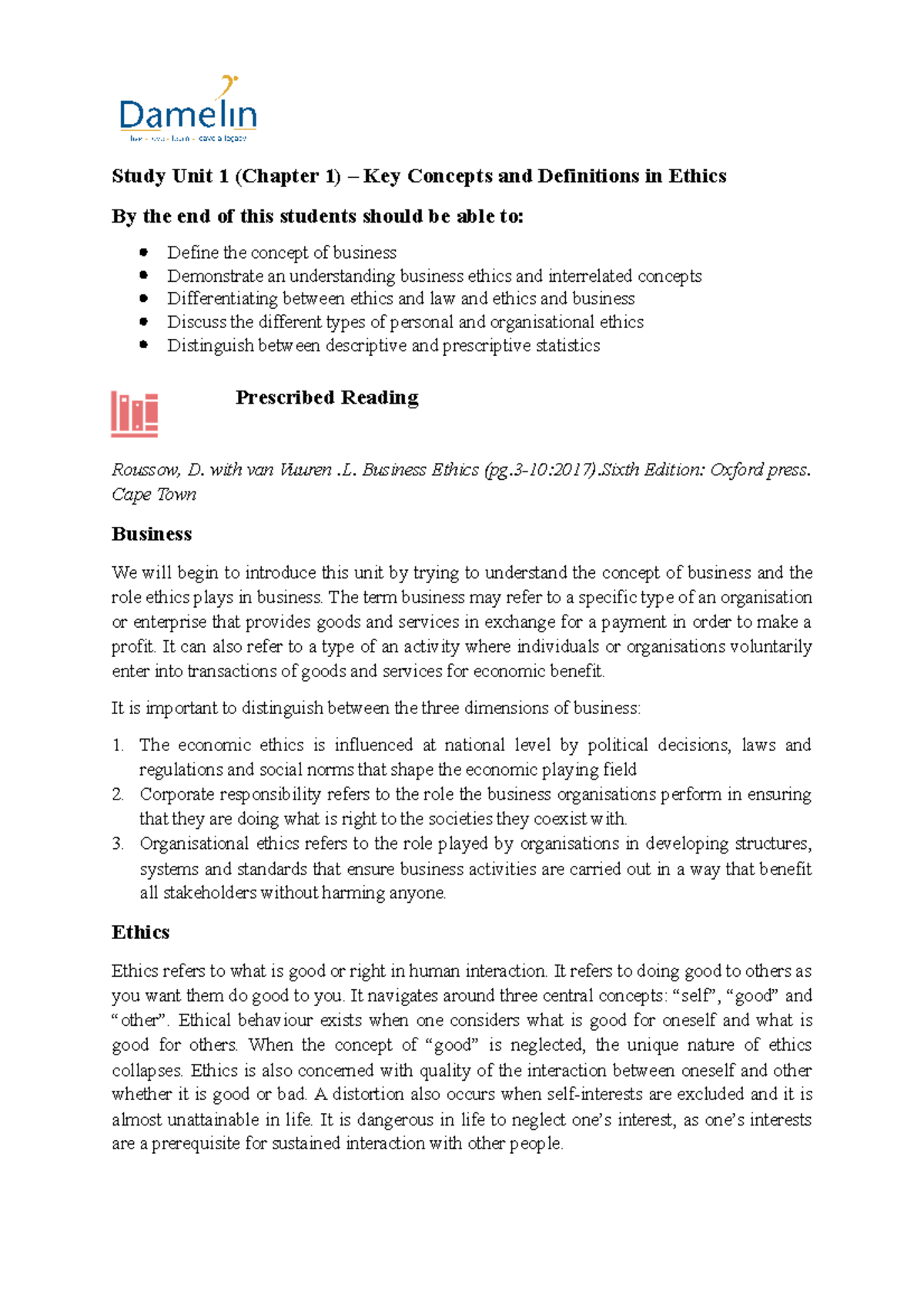 Unit 1 Study Notes (Ethics) - Key Concepts and Definitions - Studocu