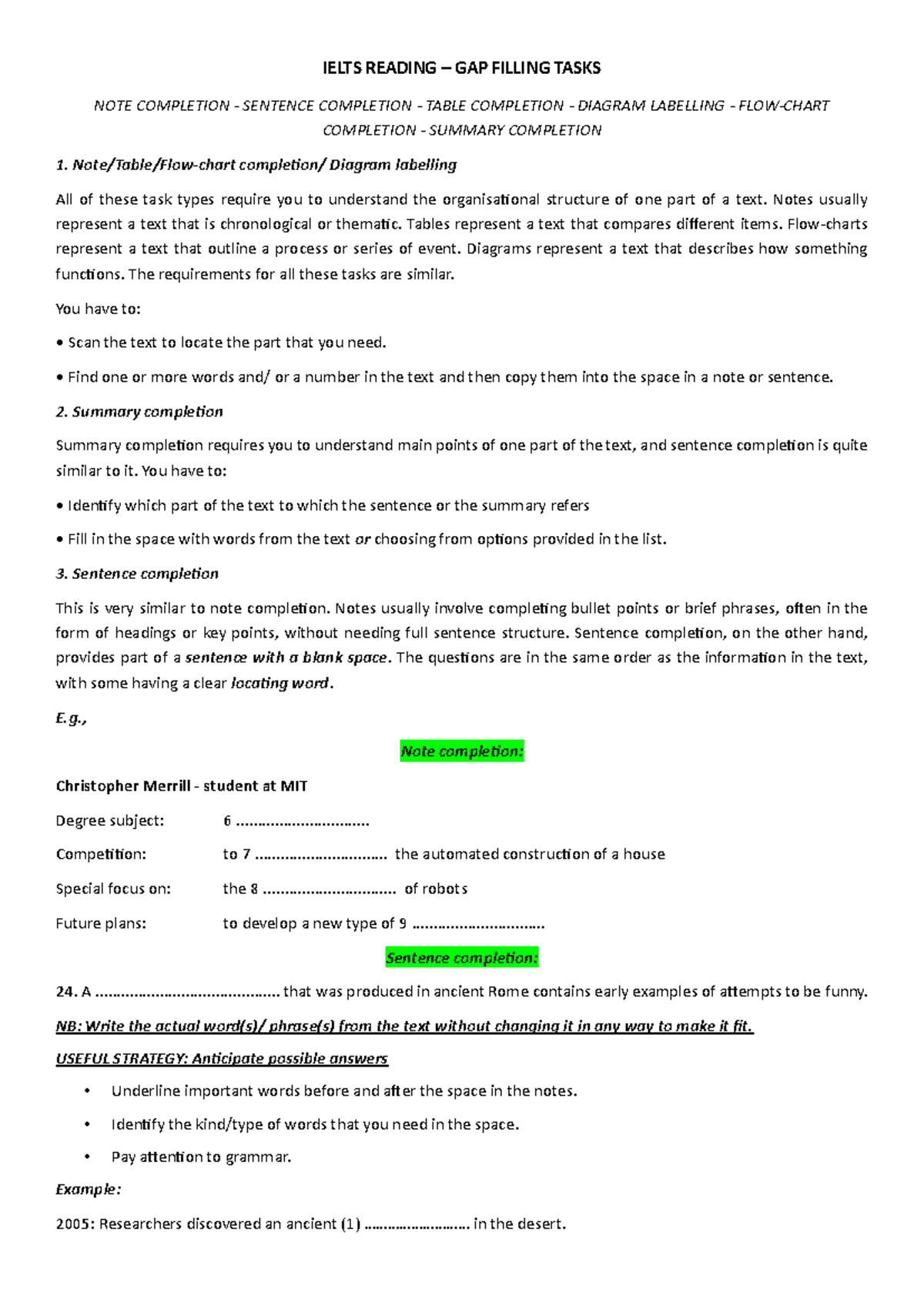 IELTS READING GAP FILLING TASKS: STRATEGIES & PRACTICE - Studocu