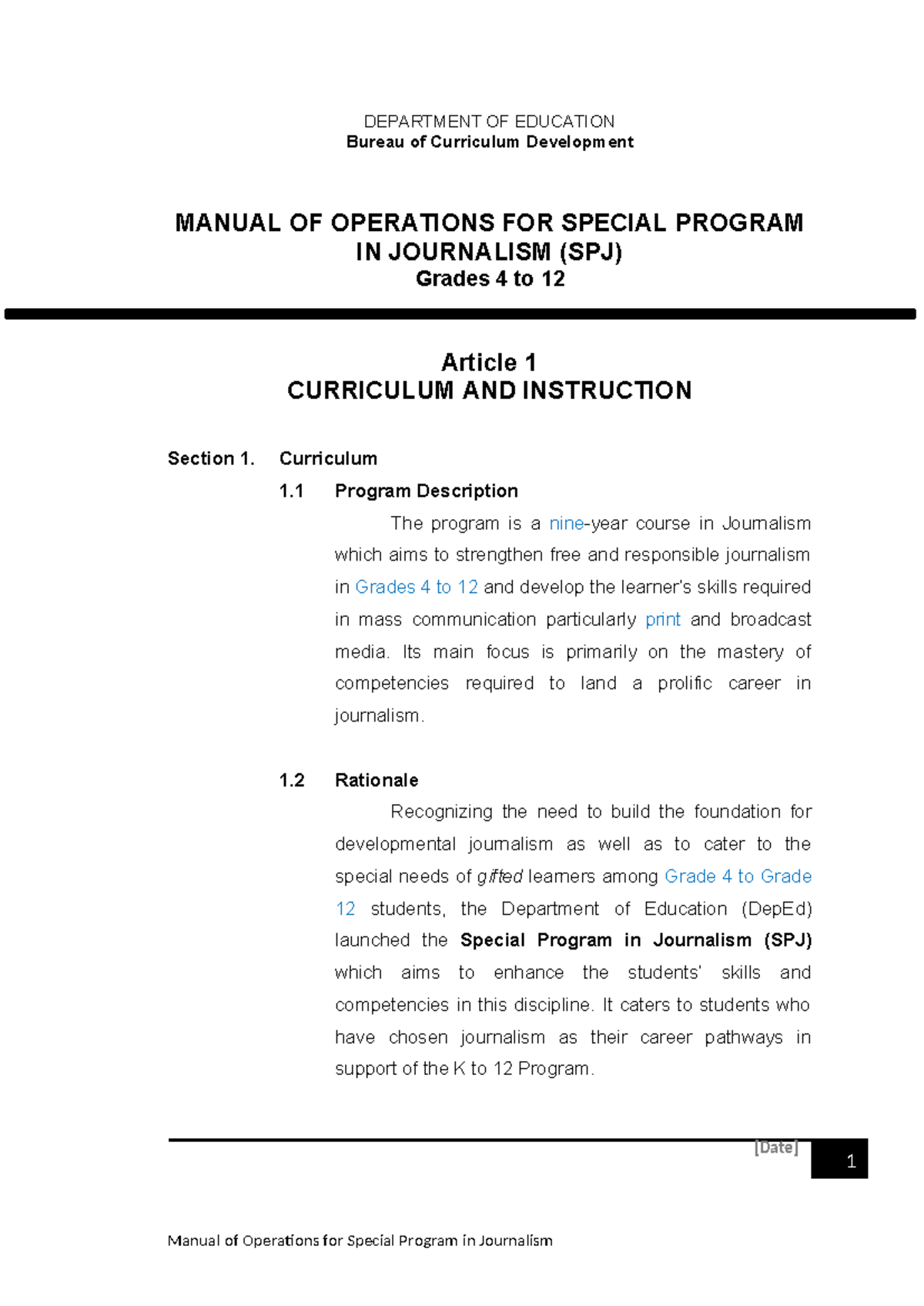 Revised Manual of Operations for Special Program in Journalism (SPJ ...