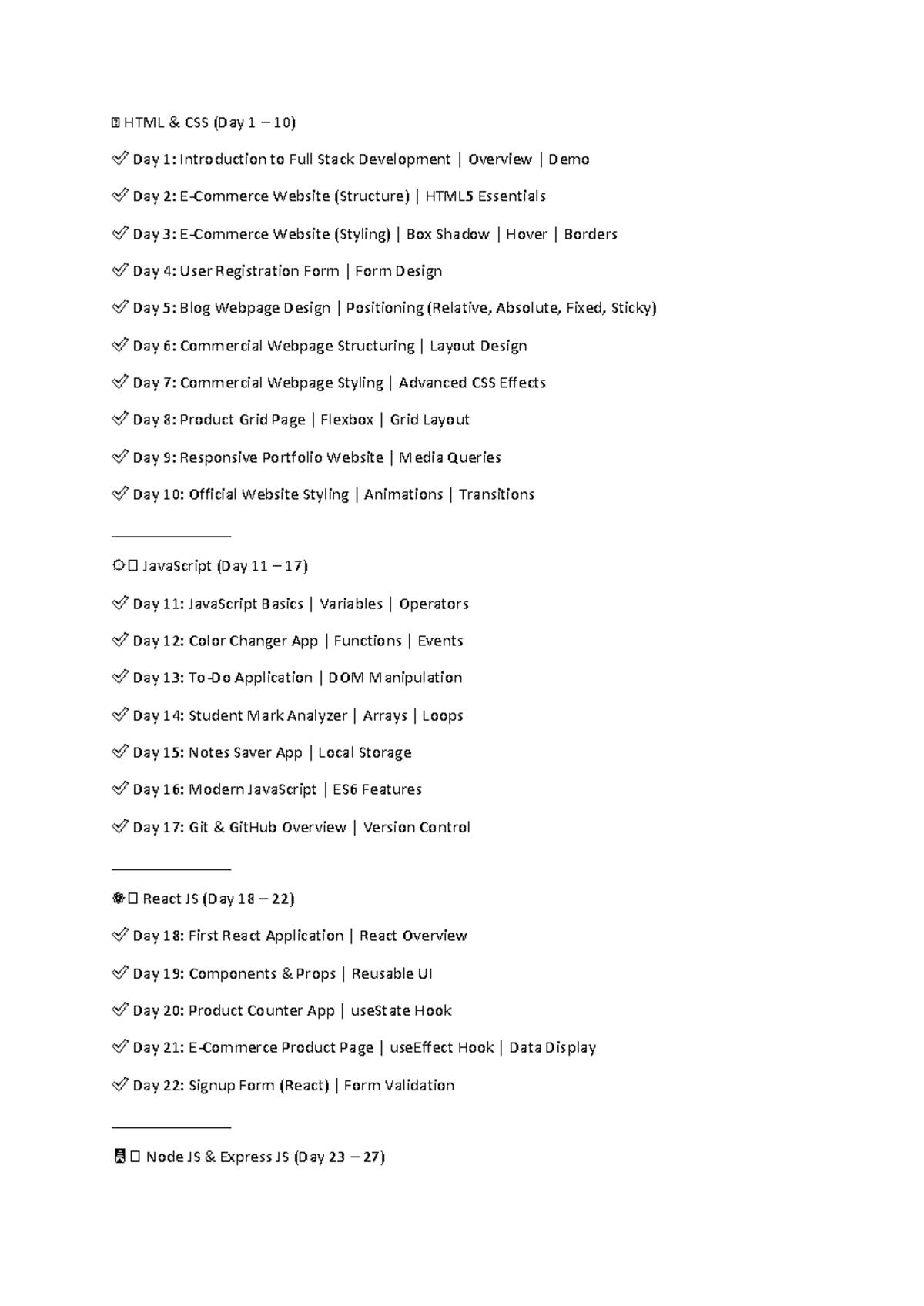 FSD Agenda: Full Stack Dev Overview & Daily Topics (HTML, JS, React ...