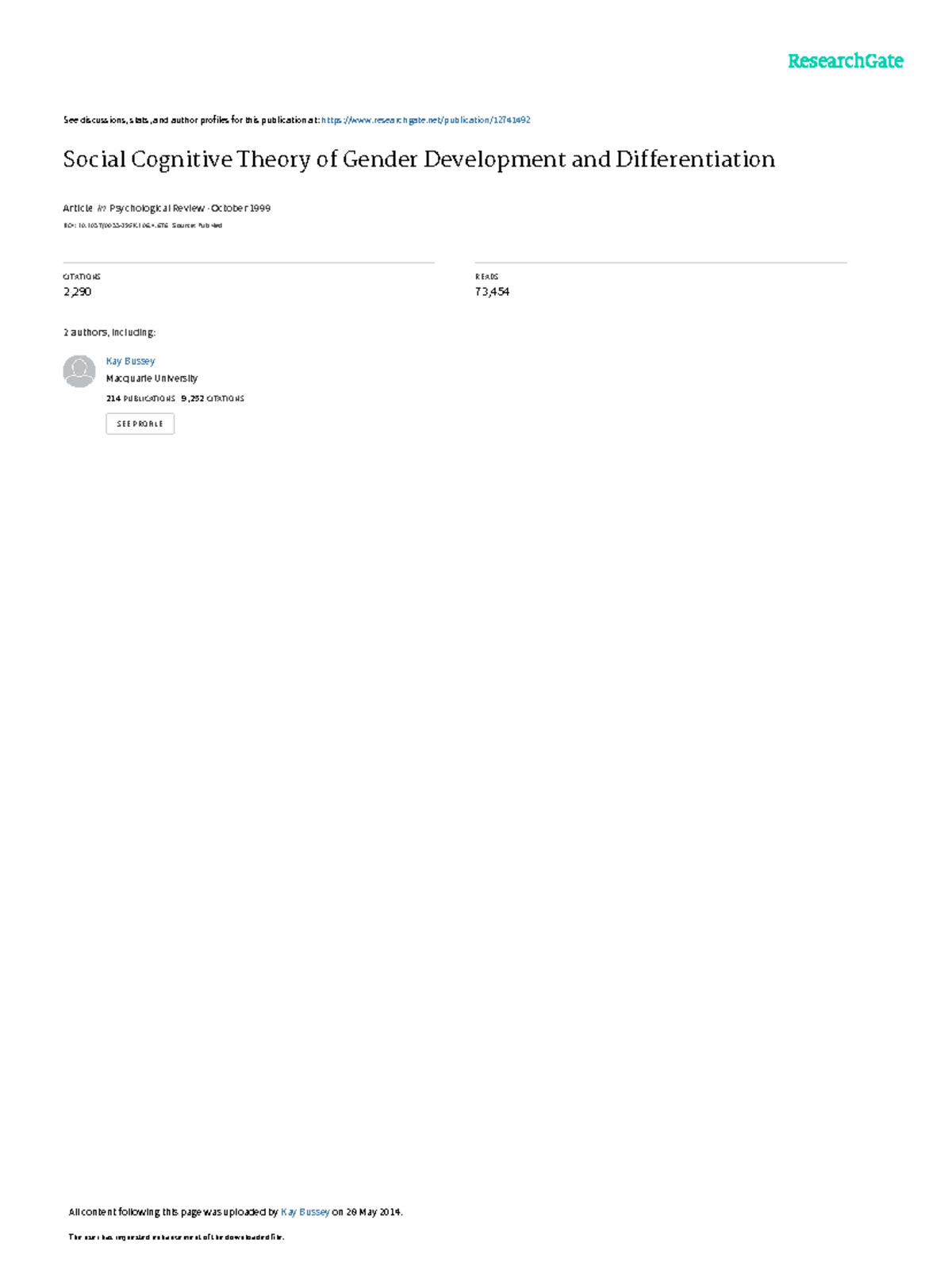 Social Cognitive Theory of Gender Development: Insights and ...
