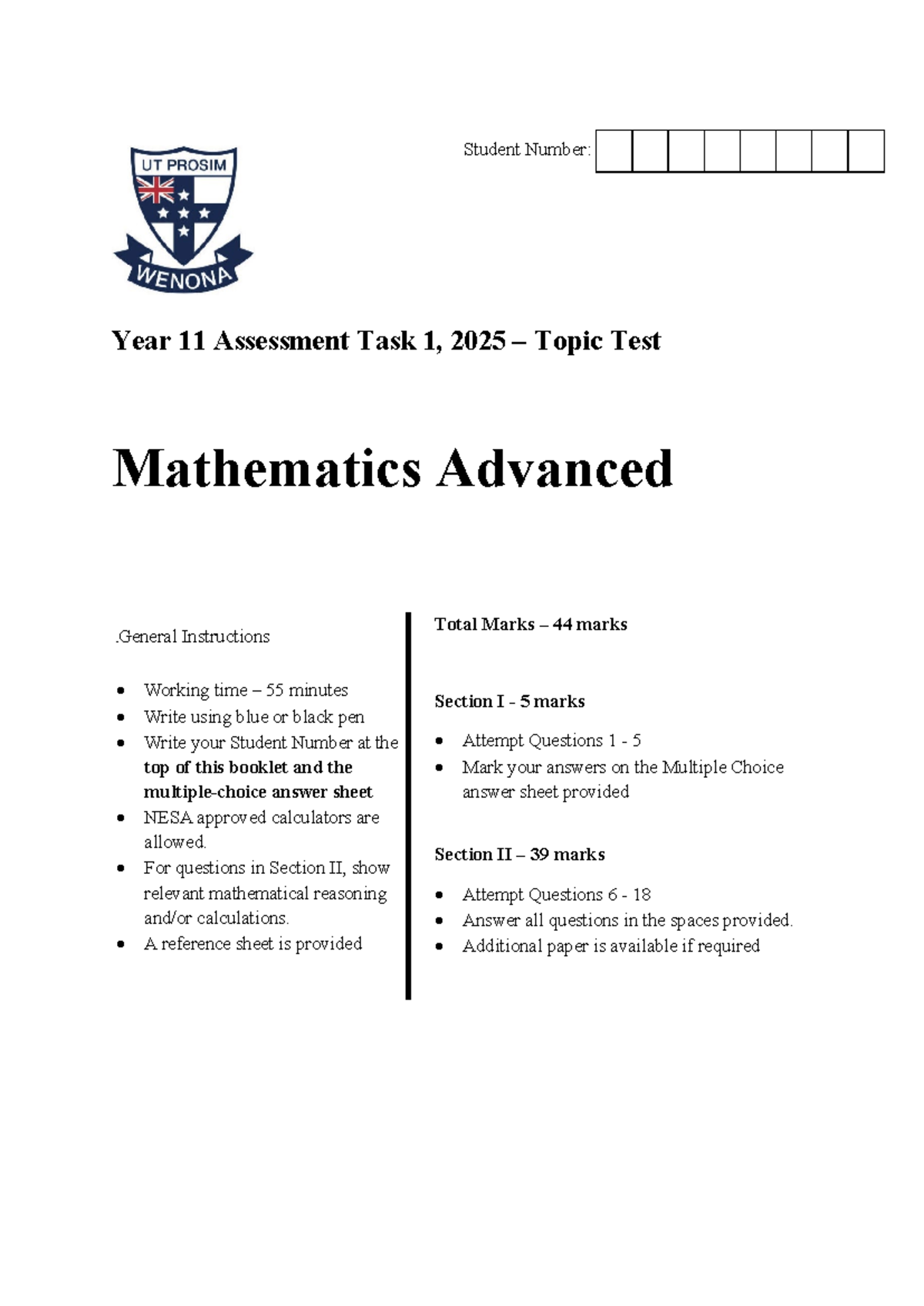 Year 11 Maths Adv Task 1 Term 1 2025 Topic Test Guide - Studocu