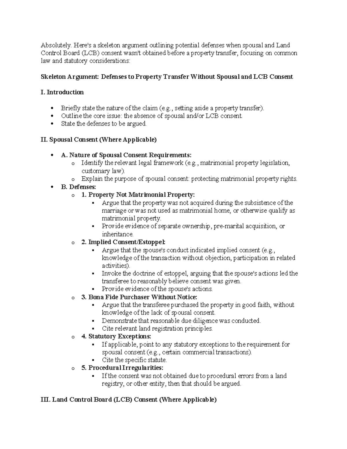 Skeleton Argument: Defenses to Property Transfer Without Spousal & LCB ...