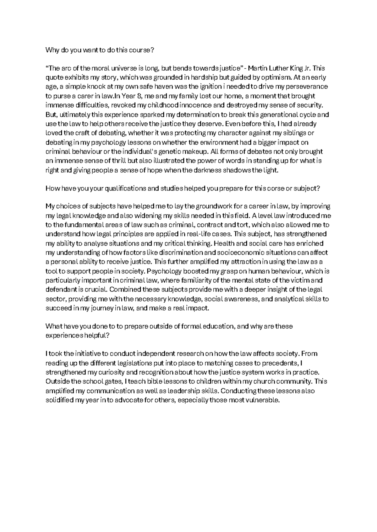 Personal Statement - Law Career Aspirations and Experiences - Studocu