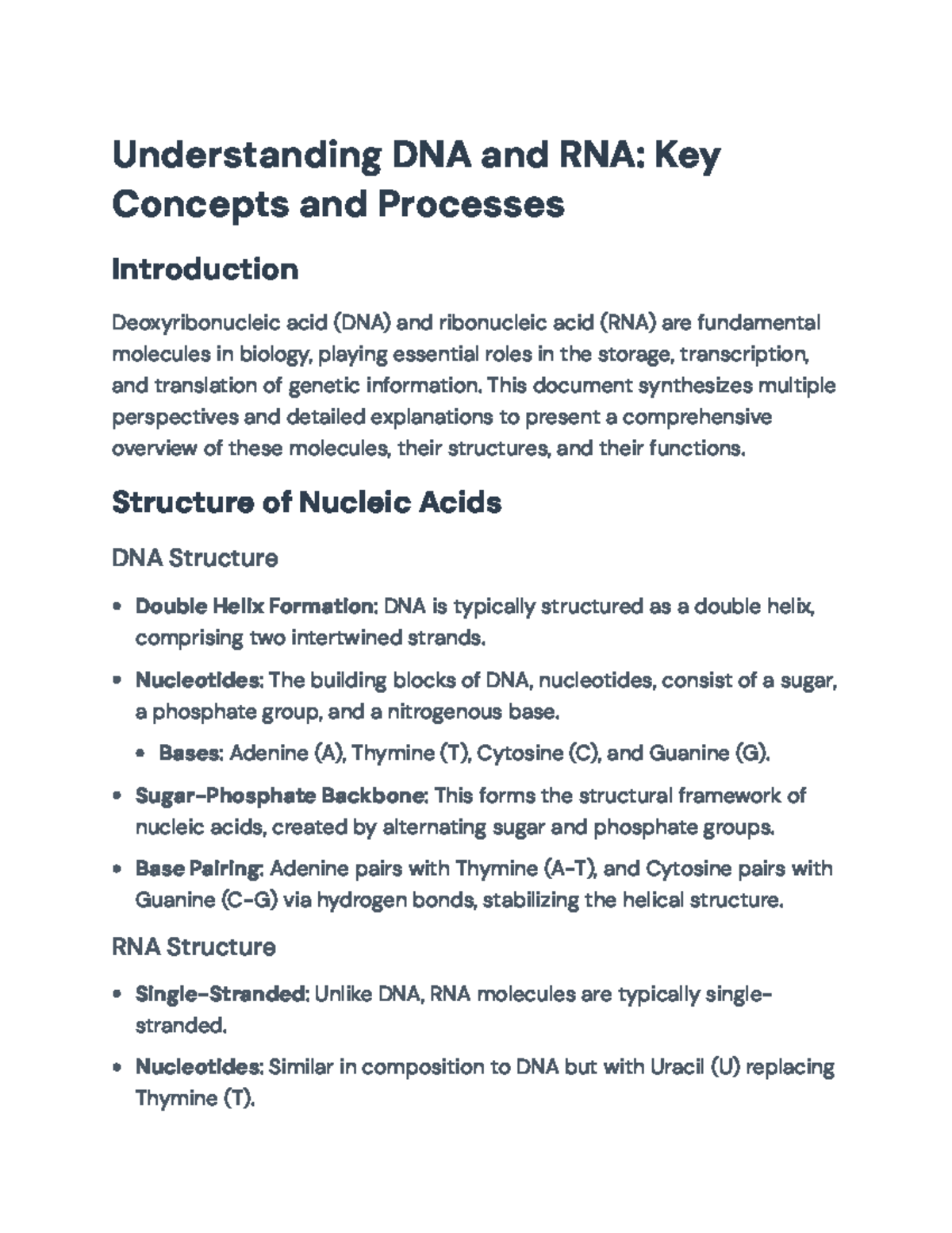 DNA and RNA: Structures, Functions, Transcription, and Translation ...