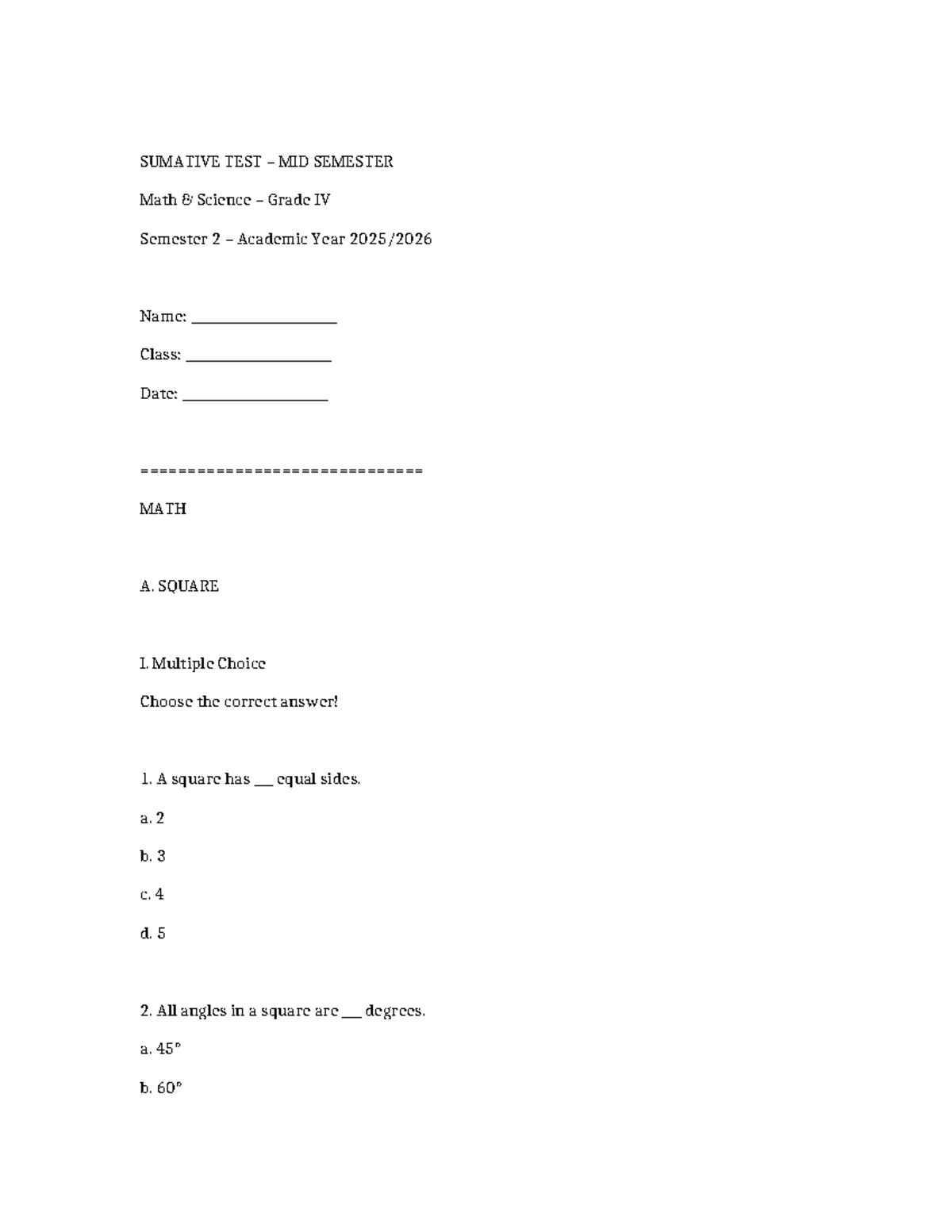 SUMMATIVE TEST MID SEMESTER MATH SCIENCE GRADE IV SEM 2 - Studocu