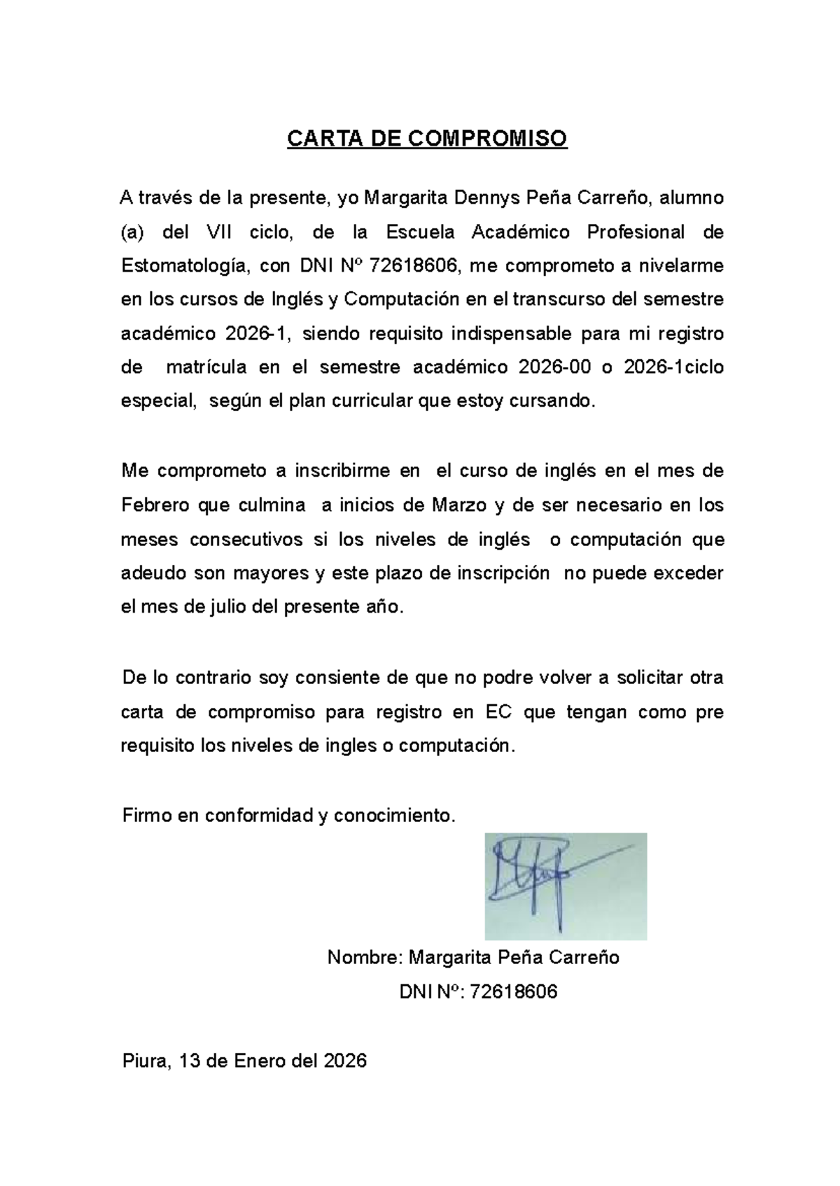 CARTA DE COMPROMISO - Estomatología VII Ciclo - 2026 - Studocu