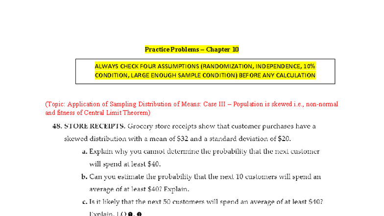 Practice Problems for Math: Chapter 10 on Sampling Distributions - Studocu