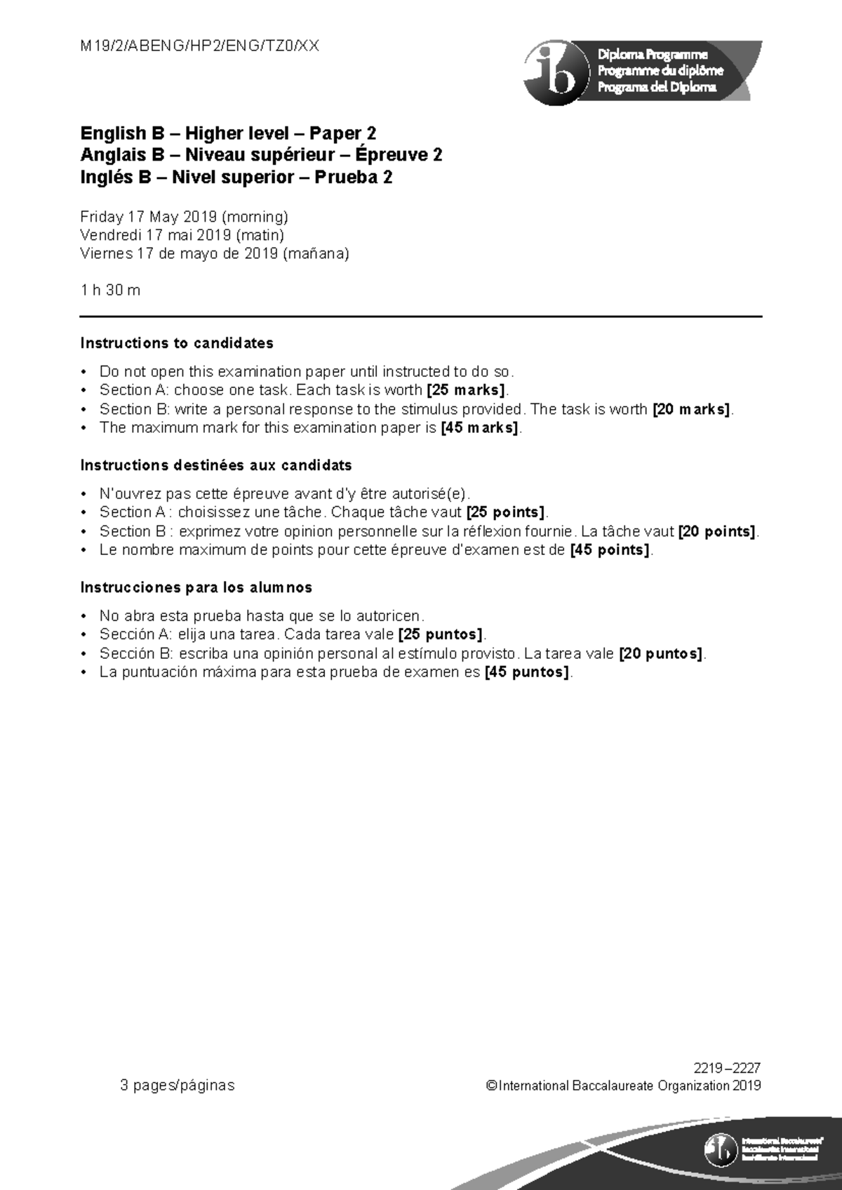 437162441 English B IB Exam Sample - 1 English B – Higher level – Paper ...
