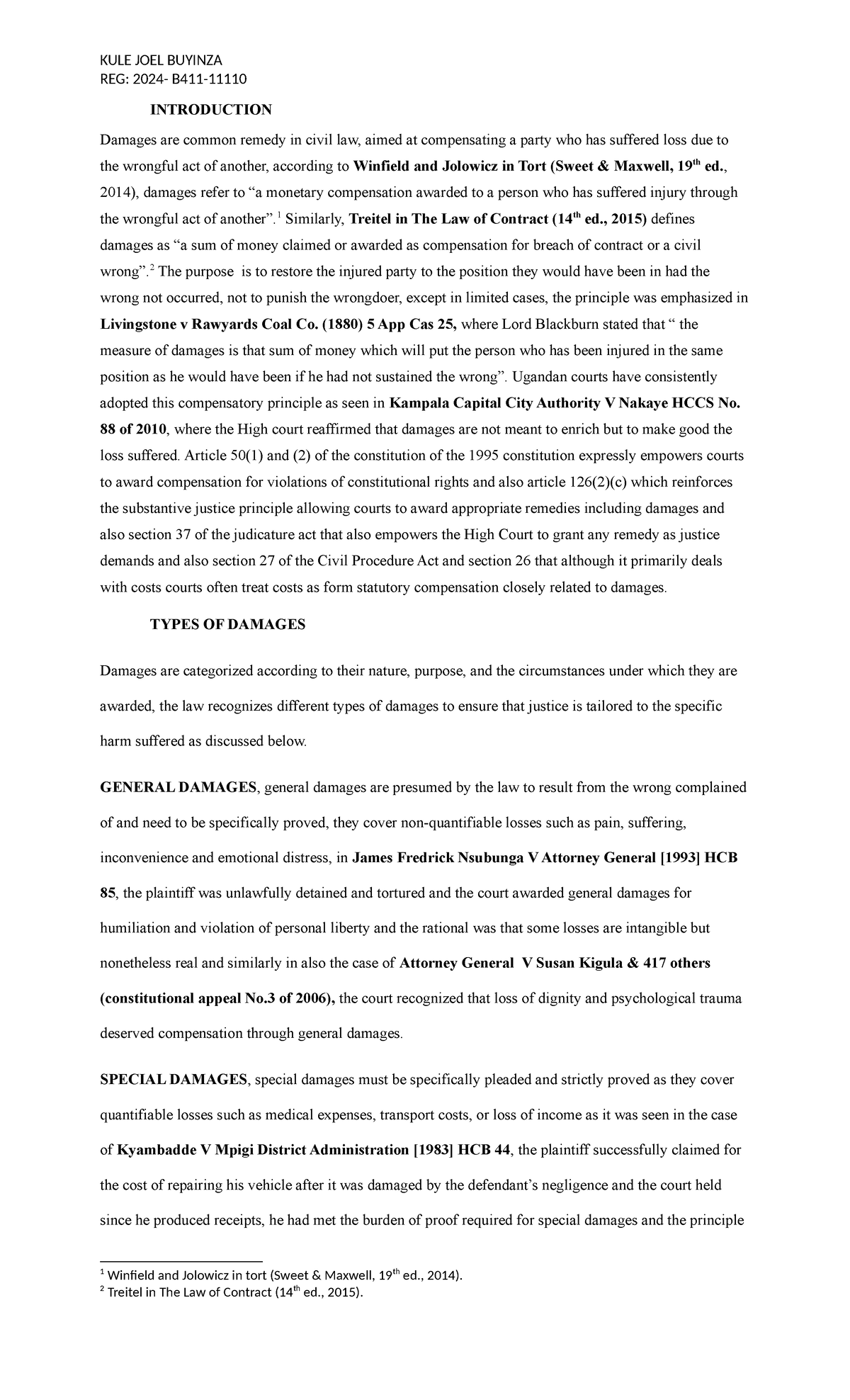 KULE JOEL BUYINZA REG: Law of Tort - Understanding Damages - Studocu