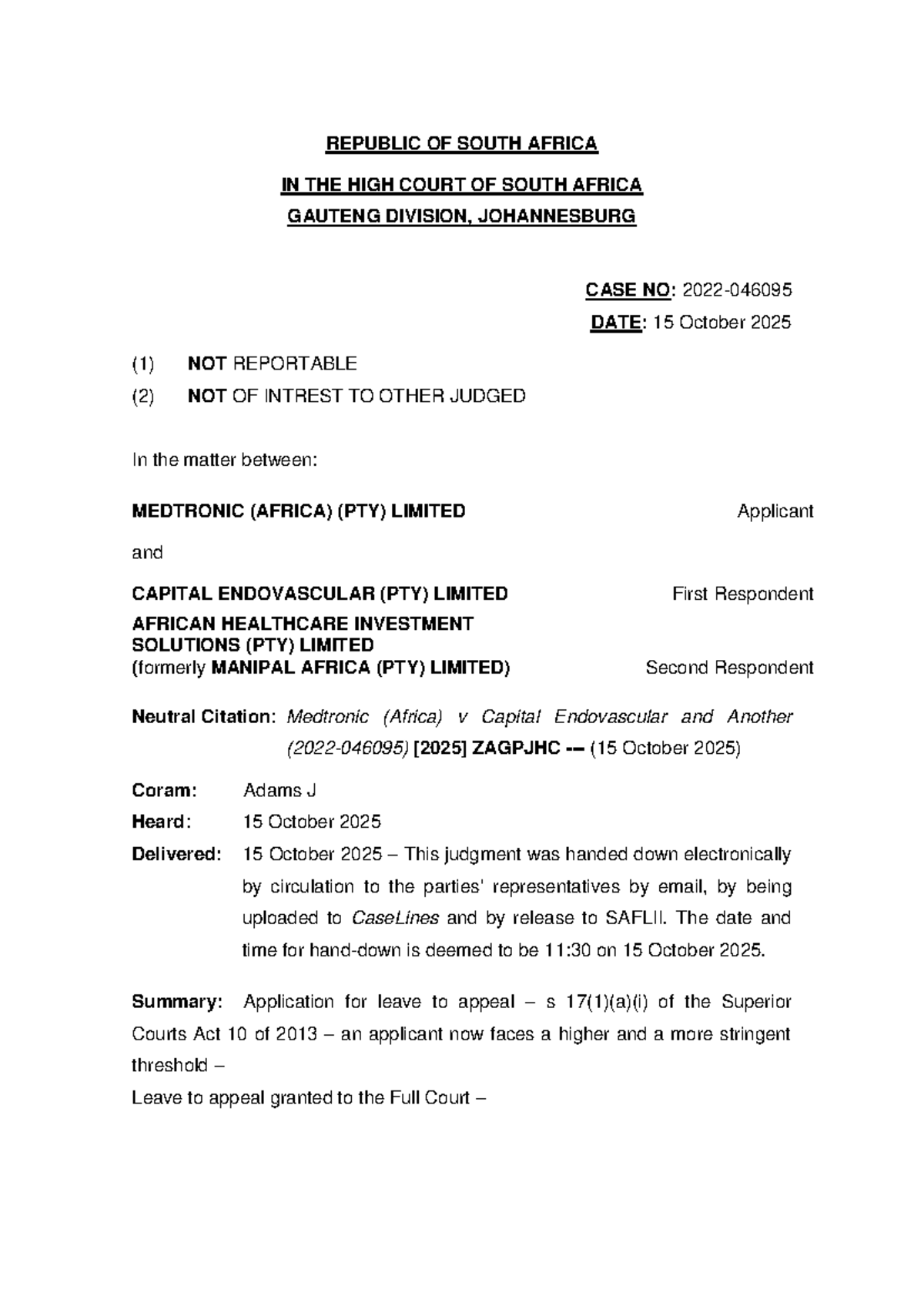 Medtronic (Africa) v Capital Endovascular: Leave to Appeal Judgment (Case No: - Studocu