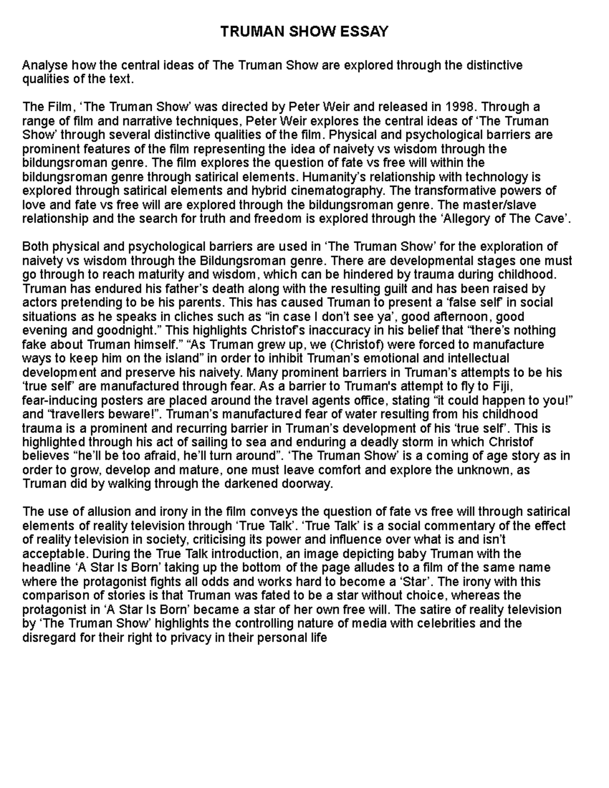 TRUMAN SHOW Essay Analysis - Central Ideas and Techniques - Studocu