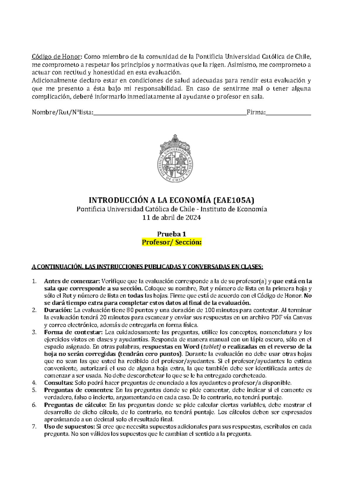 2024.1S Prueba 1: Código de Honor y Normas de Evaluación en Economía - Studocu