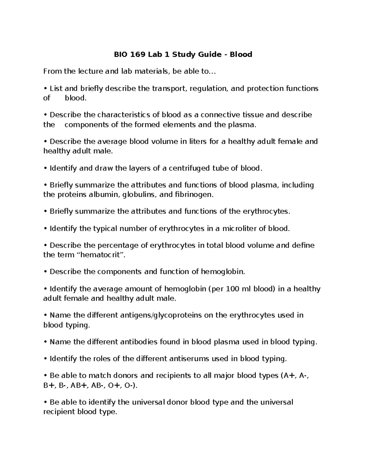 BIO 169 Lab 1 Study Guide: Functions and Components of Blood - Studocu