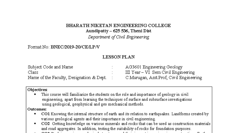 AG3601 Engineering Geology Lesson Plan for Civil Engineering - Studocu