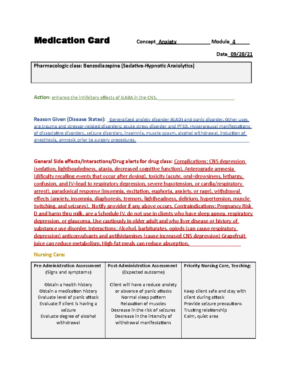 Benzodiazepine Medication Card: Anxiolytics & Nursing Care (Module 4 ...