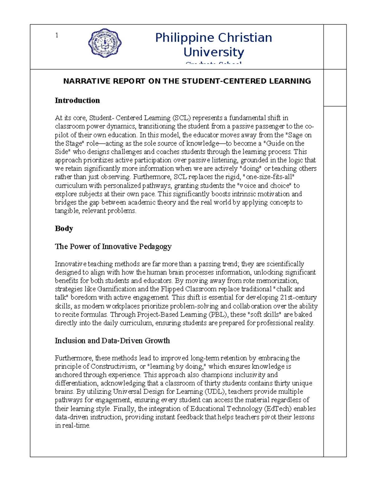 C.MIRAL Narrative Report on Centered Learning Strategies - Studocu
