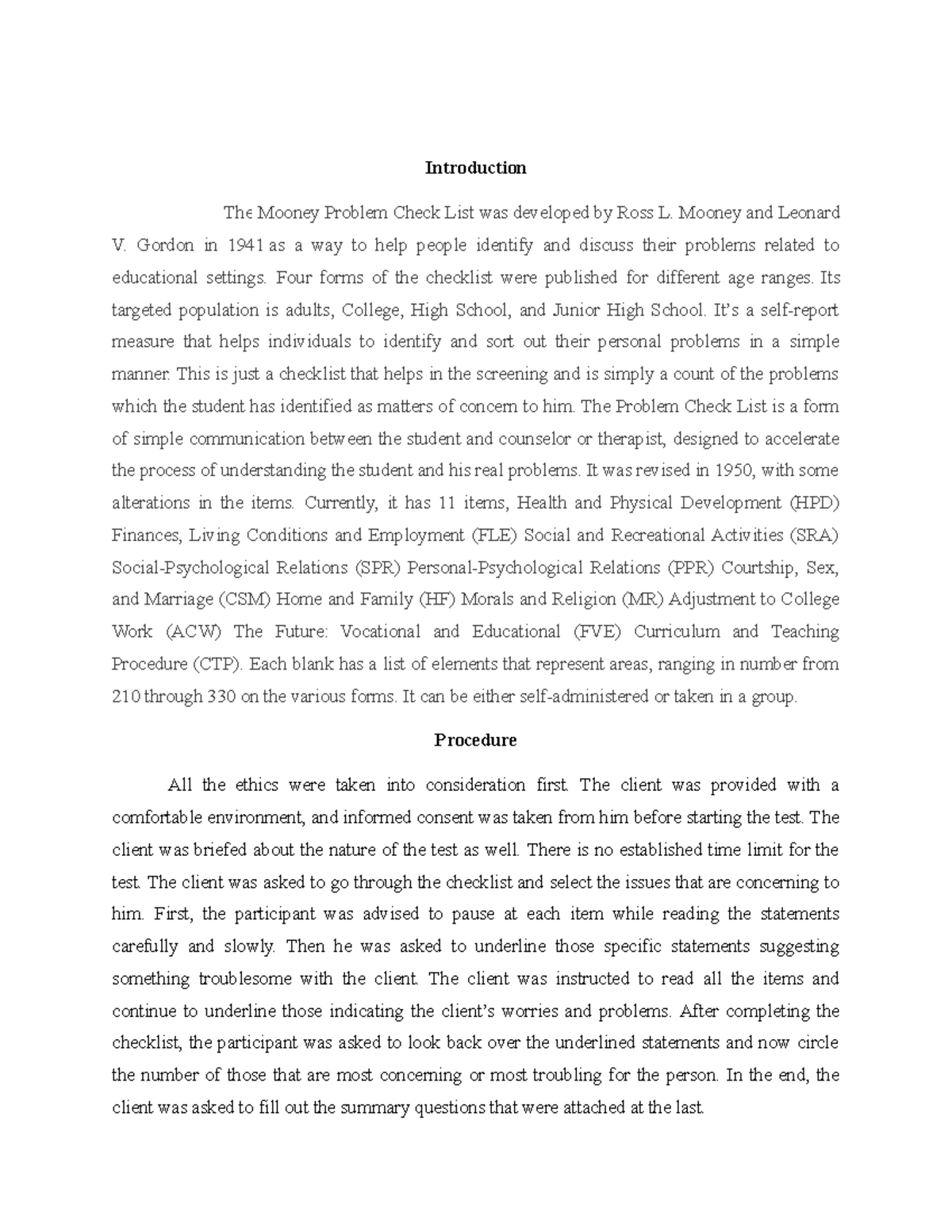 Mooney Problem Checklist: Psychological Testing Overview - Studocu