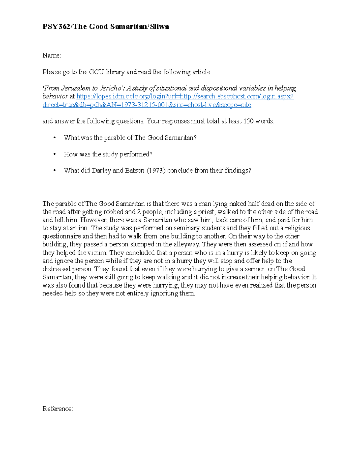 Good Samaritan - PSY362/The Good Samaritan/Sliwa Name: Please go to the ...